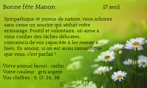 Carte Bonne Fête Manon 17 Avril